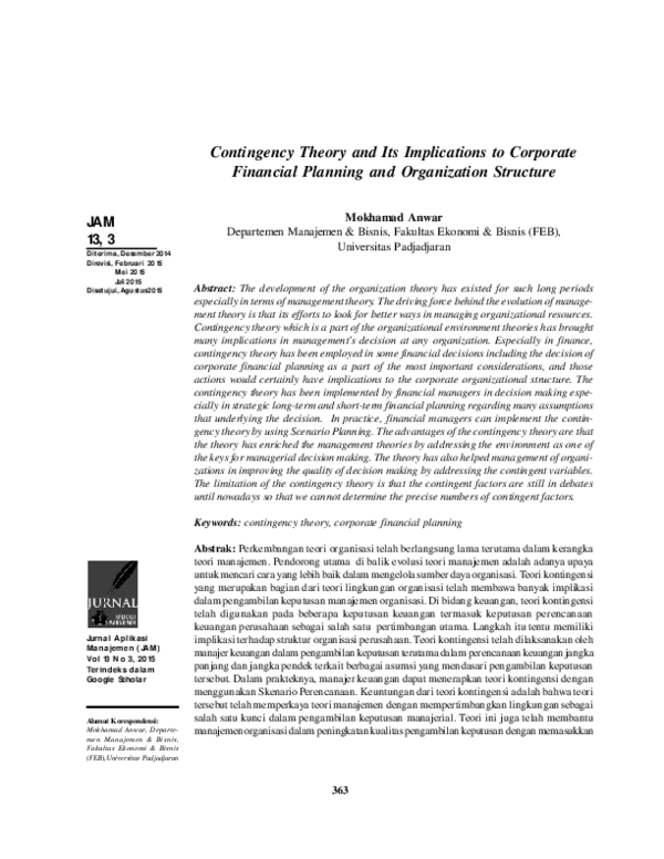 (PDF) Contingency Theory and Its Implications to Corporate Financial ...