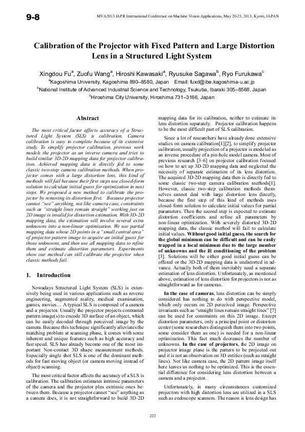 Pdf Calibration Of Projector With Fixed Pattern And Large Distortion Lens In A Structured