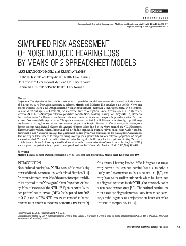 (PDF) Simplified risk assessment of noise induced hearing loss by means ...