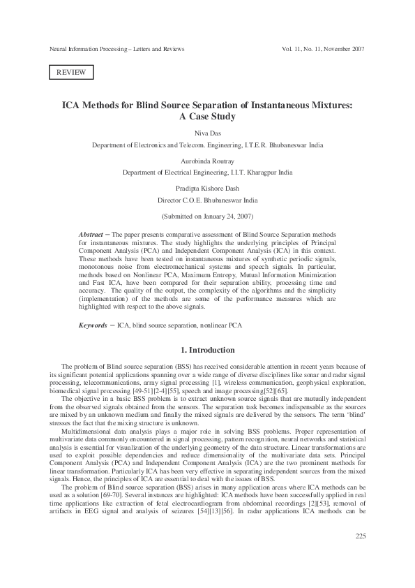Pdf Ica Methods For Blind Source Separation Of Instantaneous Mixtures