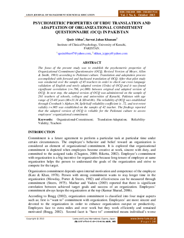 (PDF) Psychometric Properties of Urdu Translation and Adaptation of ...