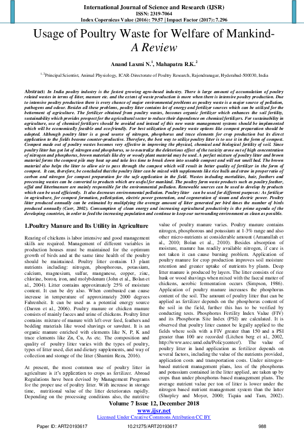 (PDF) Usage of Poultry Waste for Welfare of Mankind-A Review