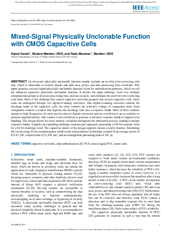 (PDF) Mixed-Signal Physically Unclonable Function with CMOS Capacitive Cells