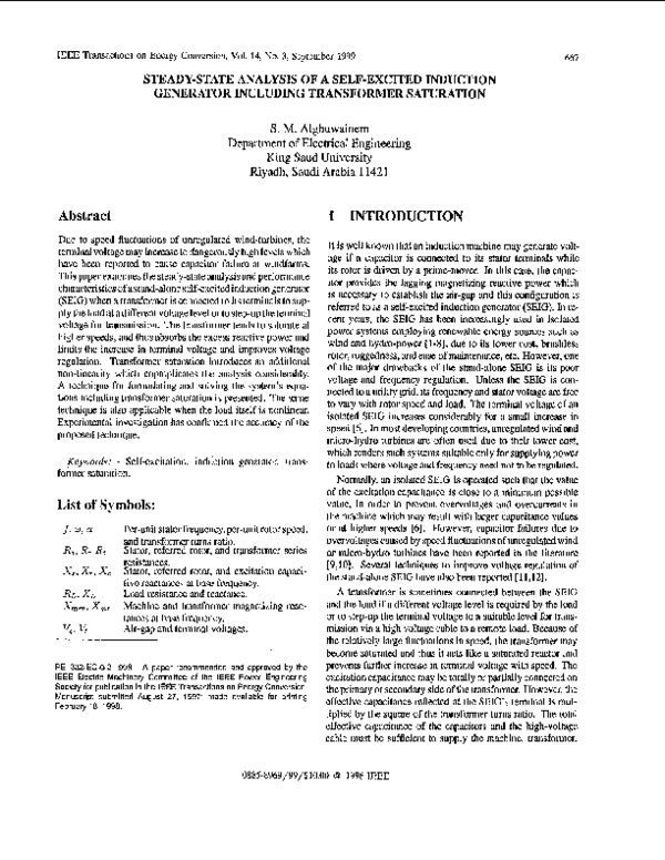 Pdf Steady State Analysis Of A Self Excited Induction Generator Including Transformer Saturation