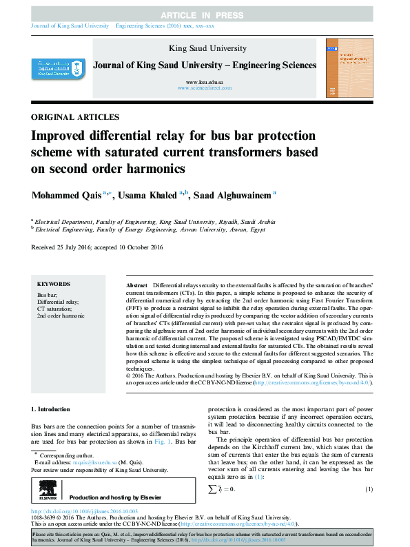 Pdf Improved Differential Relay For Bus Bar Protection Scheme With Saturated Current