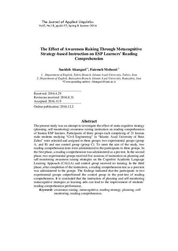 Pdf The Effect Of Awareness Raising Through Metacognitive Strategy Based Instruction On Esp