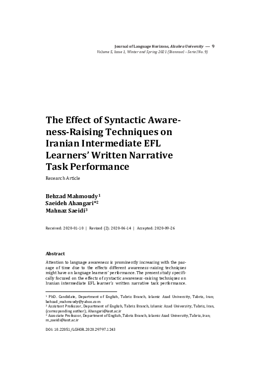 (PDF) The effect of syntactic awareness raising techniques on Iranian intermediate EFL learners ...