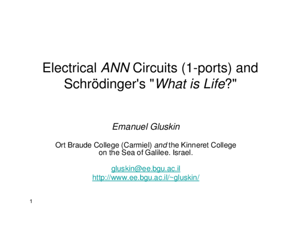 (PDF) Electrical ANN Circuits (1-ports) and Schrodinger's "What is Life?