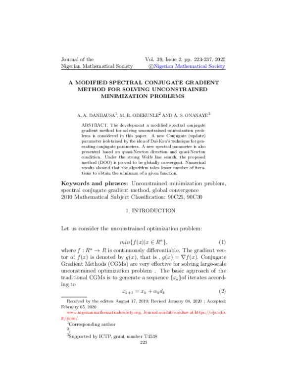(PDF) A modified spectral conjugate gradient method for solving unconstrained minimization problems