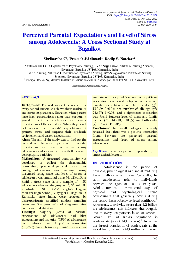 (PDF) Perceived Parental Expectations and Level of Stress among ...