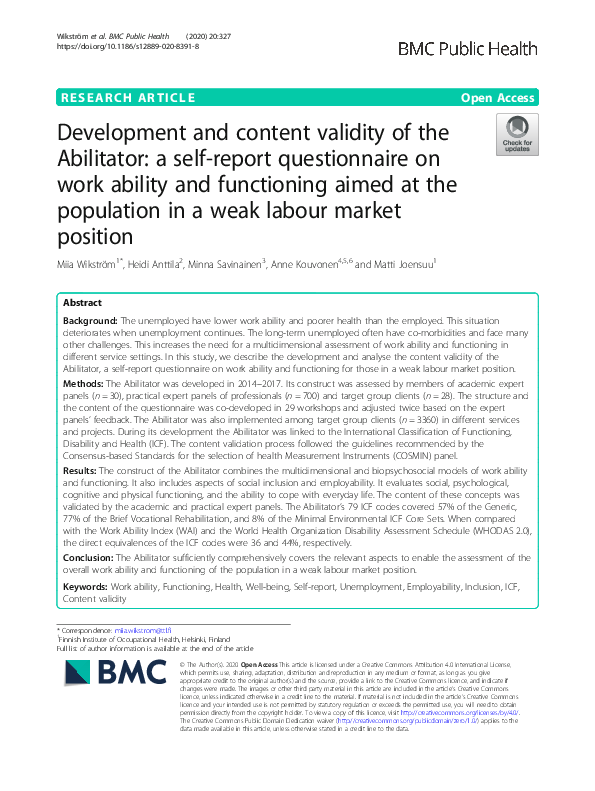 (PDF) Development and content validity of the Abilitator – a self-report questionnaire on work ...