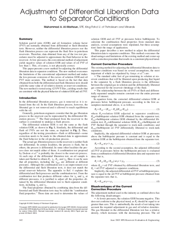 (PDF) Adjustment of Differential Liberation Data to Separator Conditions