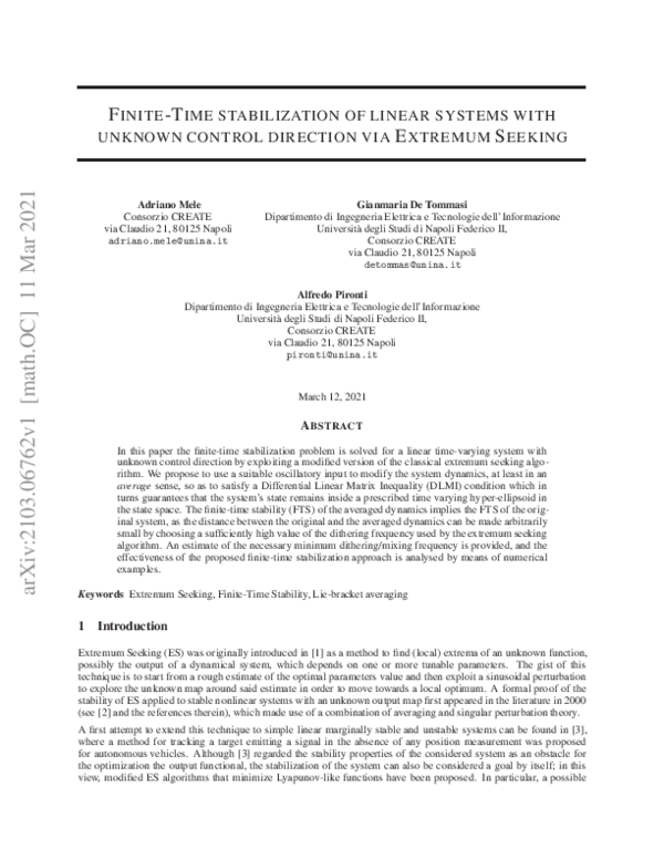(PDF) Finite-Time stabilization of linear systems with unknown control direction via Extremum ...