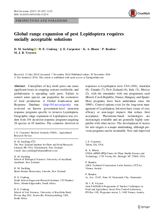(PDF) Global range expansion of pest Lepidoptera requires socially ...