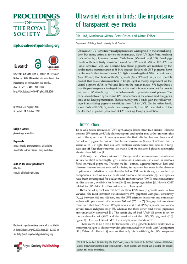(PDF) Ultraviolet vision in birds: the importance of transparent eye media