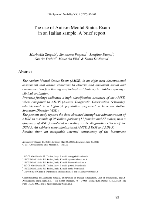 (PDF) The use of Autism Mental Status exam in an Italian sample. A ...