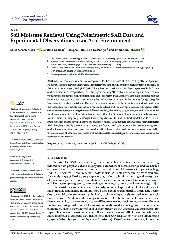 (PDF) Soil Moisture Retrieval Using Polarimetric SAR Data and Experimental Observations in an ...
