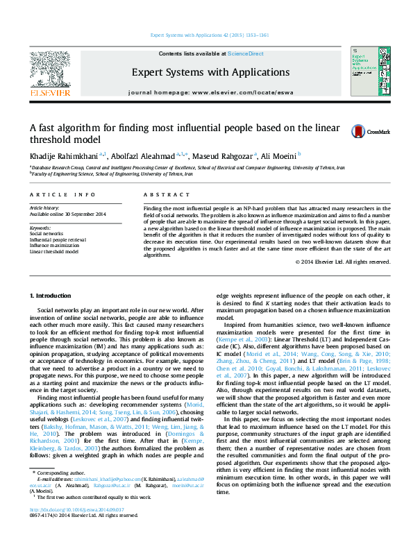 (PDF) A fast algorithm for finding most influential people based on the linear threshold model