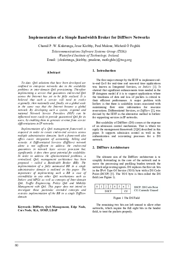 (PDF) Implementation of a Simple Bandwidth Broker for DiffServ Networks