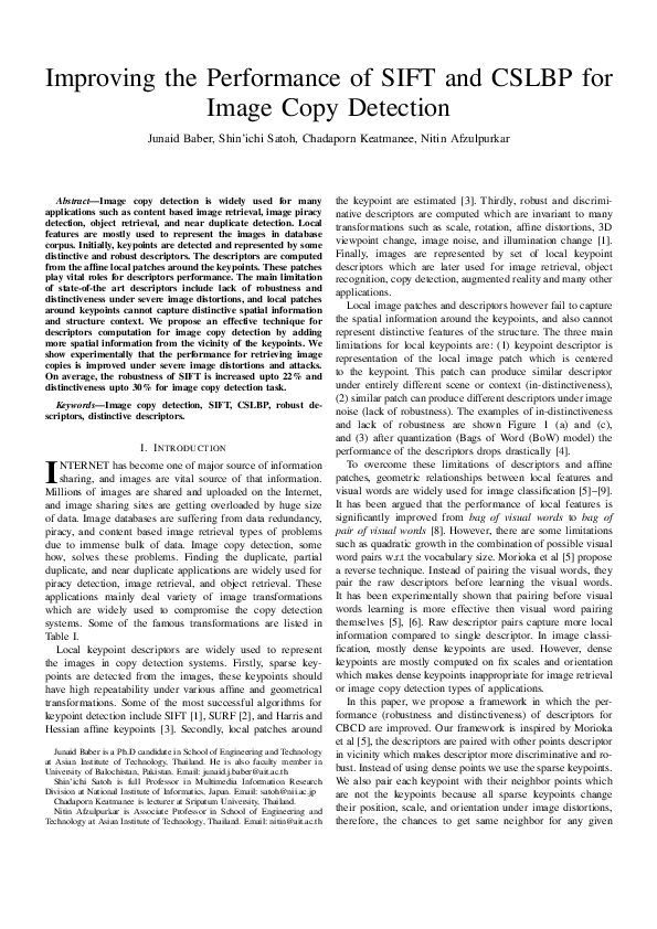 (PDF) Improving the performance of SIFT and CSLBP for image copy detection