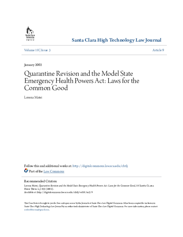 (PDF) Quarantine Revision and the Model State Emergency Health Powers ...