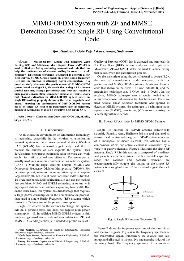 Pdf Mimo Ofdm System With Zf And Mmse Detection Based On Single Rf Using Convolutional Code