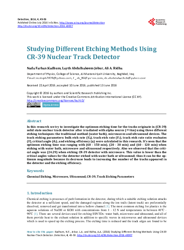 (PDF) Studying Different Etching Methods Using CR-39 Nuclear Track Detector
