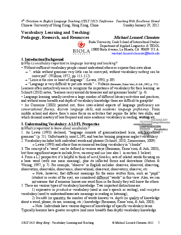 (PDF) Vocabulary Learning and Teaching: Pedagogy, Research, and Resources
