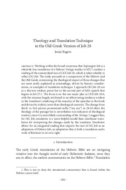 (PDF) Theology and Translation Technique in the Old Greek Version of Job 28