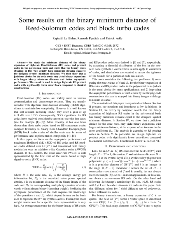 Pdf Some Results On The Binary Minimum Distance Of Reed Solomon Codes And Block Turbo Codes