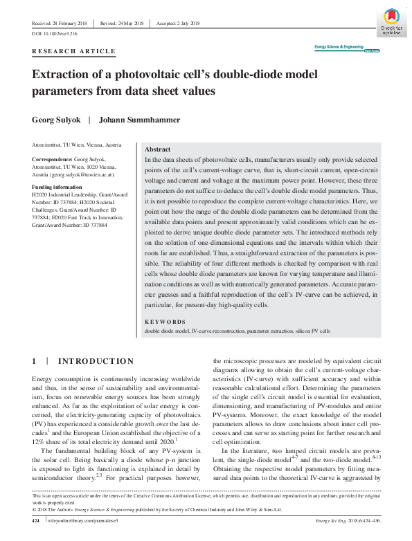 Pdf Extraction Of A Photovoltaic Cells Double Diode Model Parameters From Data Sheet Values