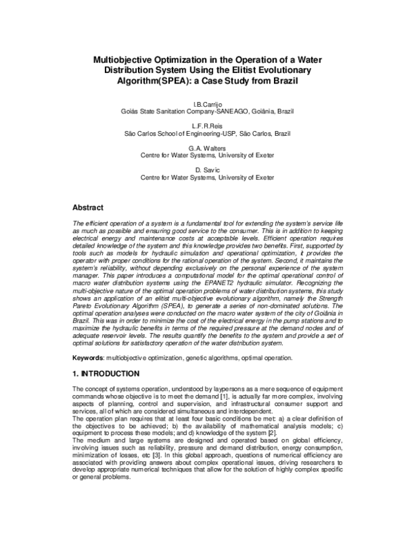 Pdf Multiobjective Optimization In The Operation Of A Water Distribution System Using The 