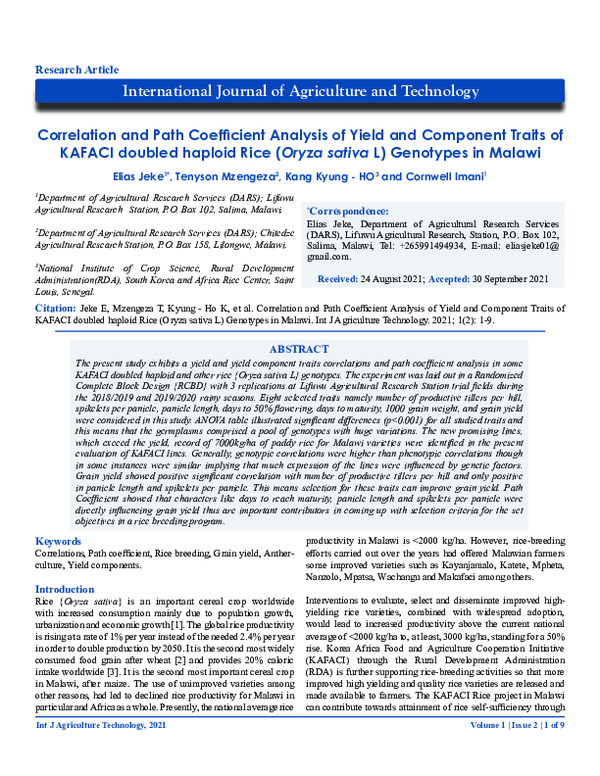 (PDF) Correlation and Path Coefficient Analysis of Yield and Component Traits of KAFACI doubled ...