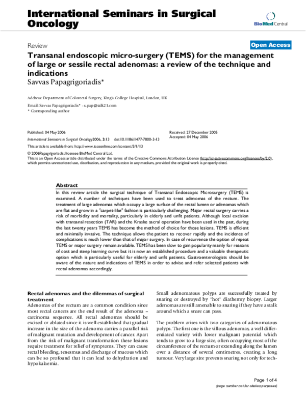 (PDF) Transanal endoscopic micro-surgery (TEMS) for the management of ...