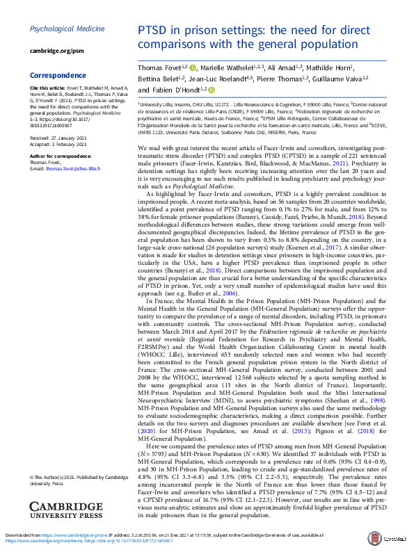 (PDF) PTSD in prison settings: the need for direct comparisons with the ...
