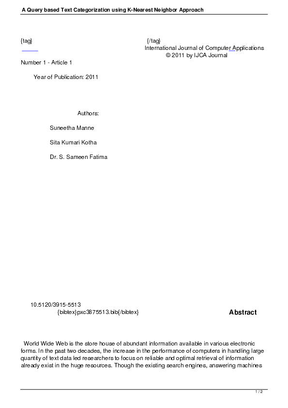 Pdf A Query Based Text Categorization Using K Nearest Neighbor Approach