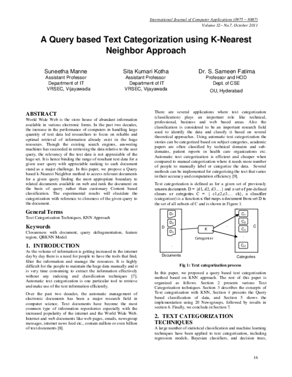 Pdf A Query Based Text Categorization Using K Nearest Neighbor Approach