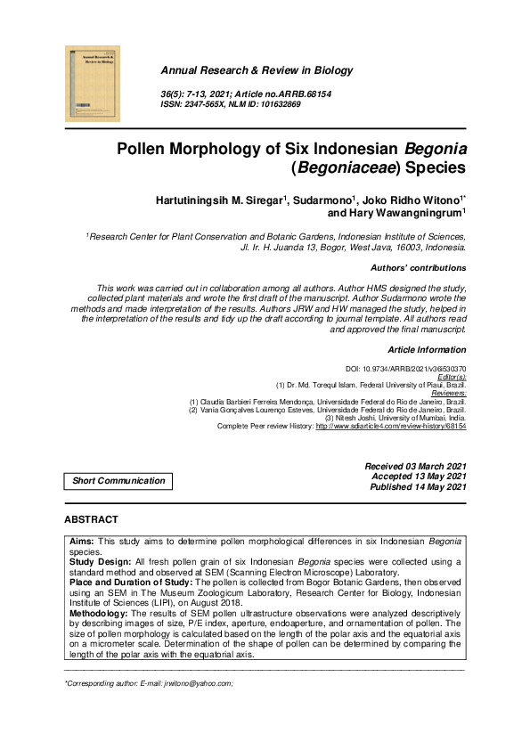 (PDF) Pollen Morphology of Six Indonesian Begonia (Begoniaceae) Species