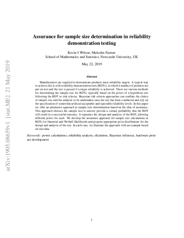 (PDF) Assurance for Sample Size Determination in Reliability ...