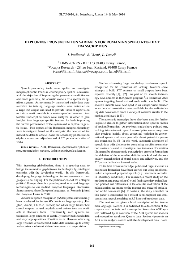 (PDF) Exploring pronunciation variants for Romanian speech-to-text ...