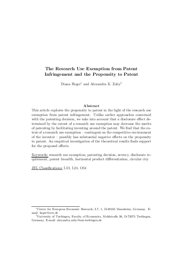 (PDF) The Research Use Exemption from Patent Infringement and the ...
