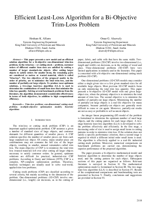 (PDF) Efficient Least-Loss Algorithm for a Bi-Objective Trim-Loss Problem