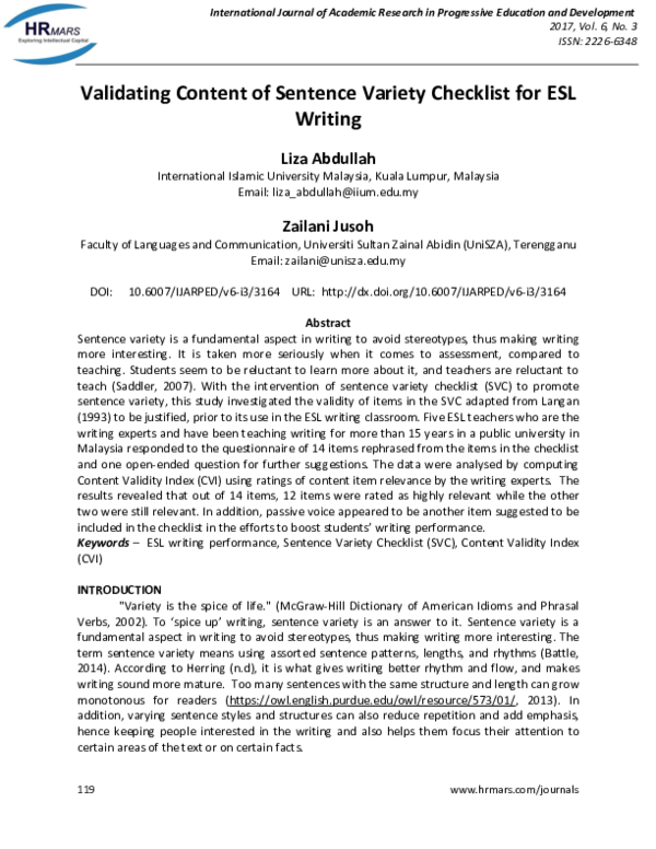 (PDF) Validating Content of Sentence Variety Checklist for ESL Writing