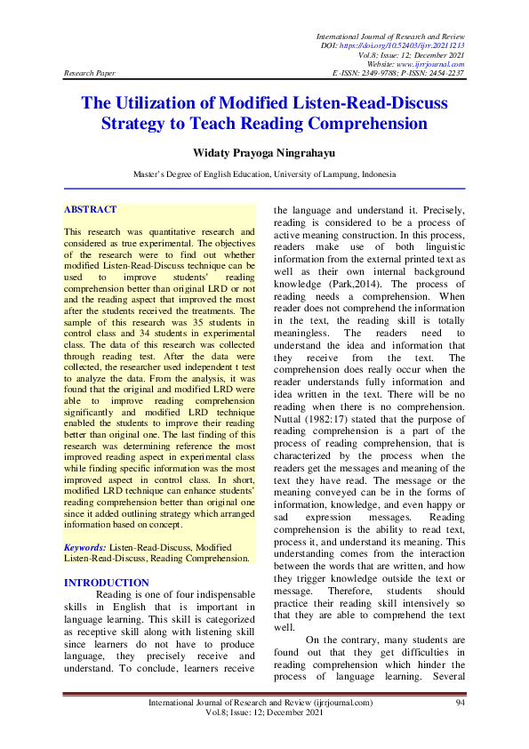 (PDF) The Utilization of Modified Listen-Read-Discuss Strategy to Teach Reading Comprehension