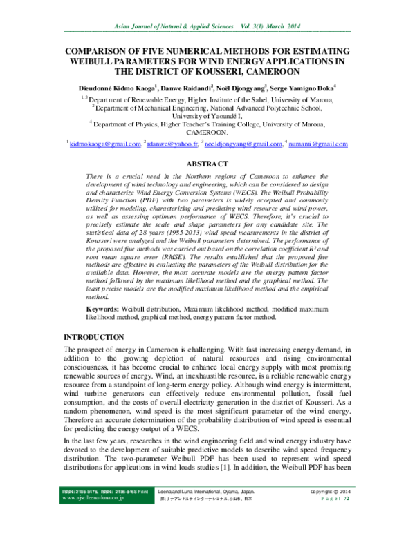 Pdf Comparison Of Five Numerical Methods For Estimating Weibull Parameters For Wind Energy