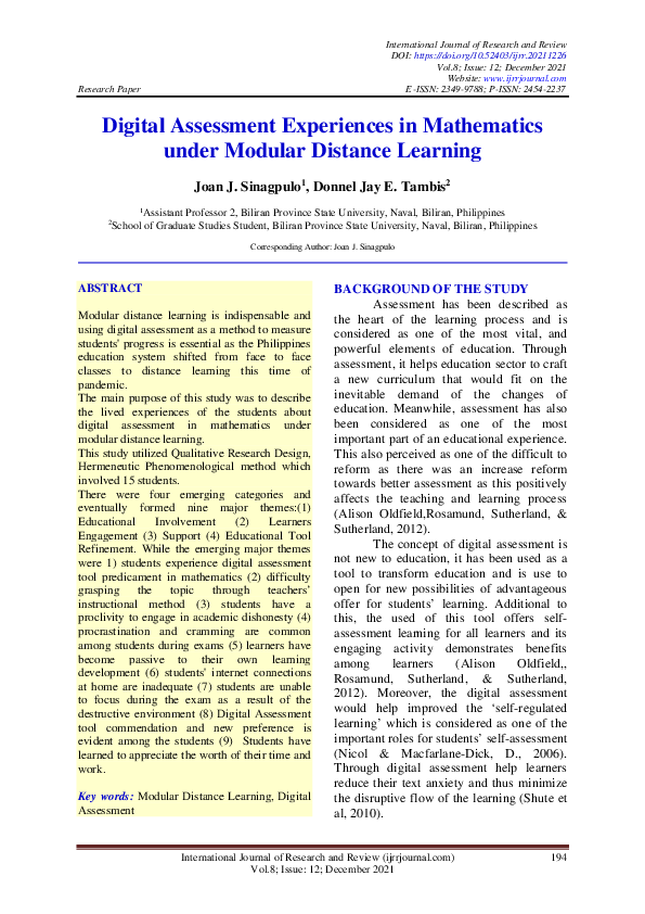 (PDF) Digital Assessment Experiences in Mathematics under Modular ...