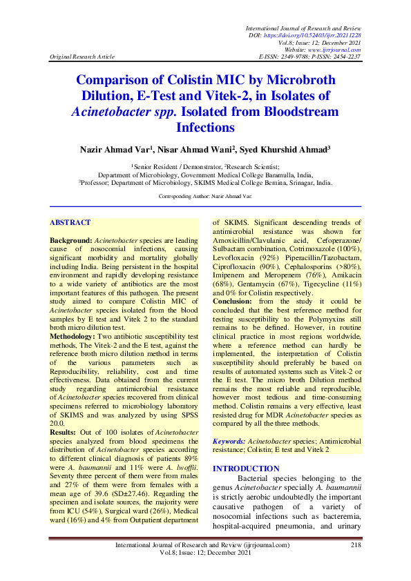 (PDF) Comparison of Colistin MIC by Microbroth Dilution, E-Test and ...