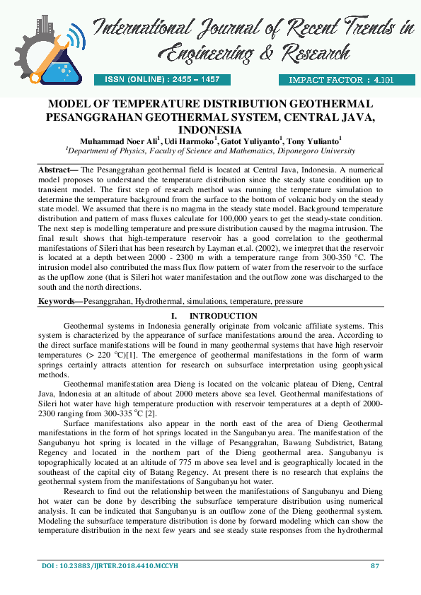 (PDF) Model of Temperature Distribution Geothermal Pesanggrahan ...