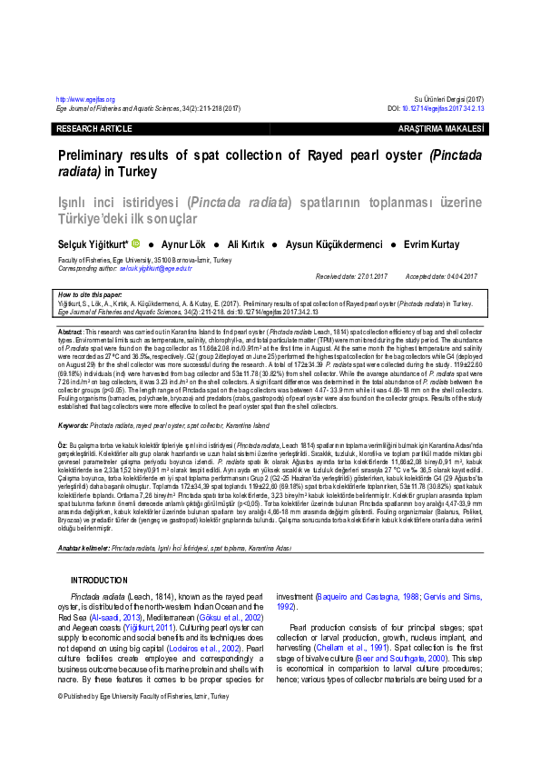 (PDF) Preliminary results of spat collection of Rayed pearl oyster ...