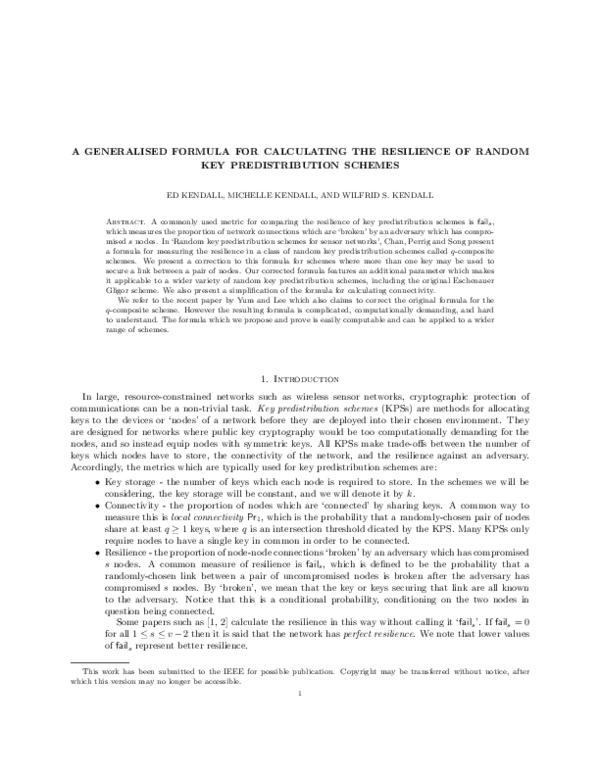 (PDF) A Generalised Formula for Calculating the Resilience of Random Key Predistribution Schemes